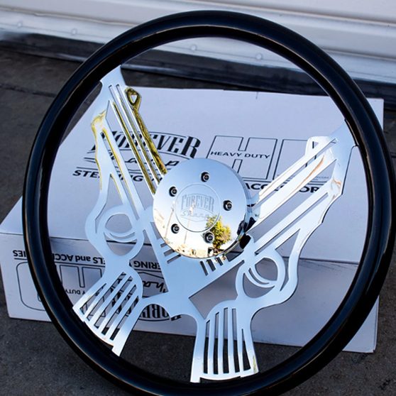 18-Inch Chrome Pistol Black Steering Wheel | Big Rig Chrome Shop
